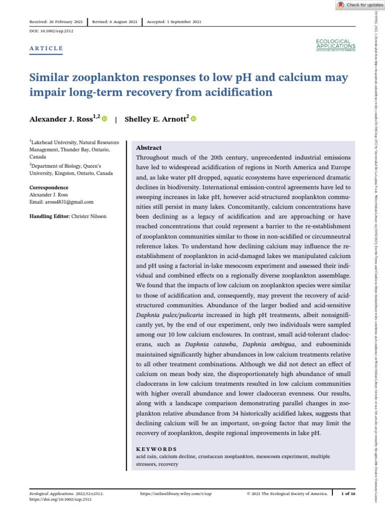 Ecological Applications - 2021 - Ross - Similar Zooplankton Responses ...