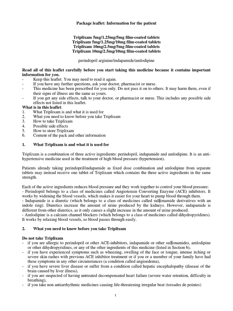 Triplixam 10mg - 2-5mg - 10mg Film Coated Tablets (Perindopril Arginine ...