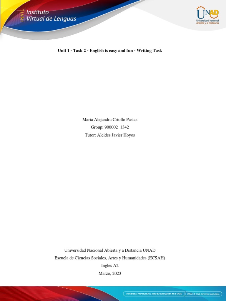 Anexo 1 - Task 2 - OriginalEnglish Is Easy and Fun Writing Task Alejandra Criollo (DEFINITIVO ...