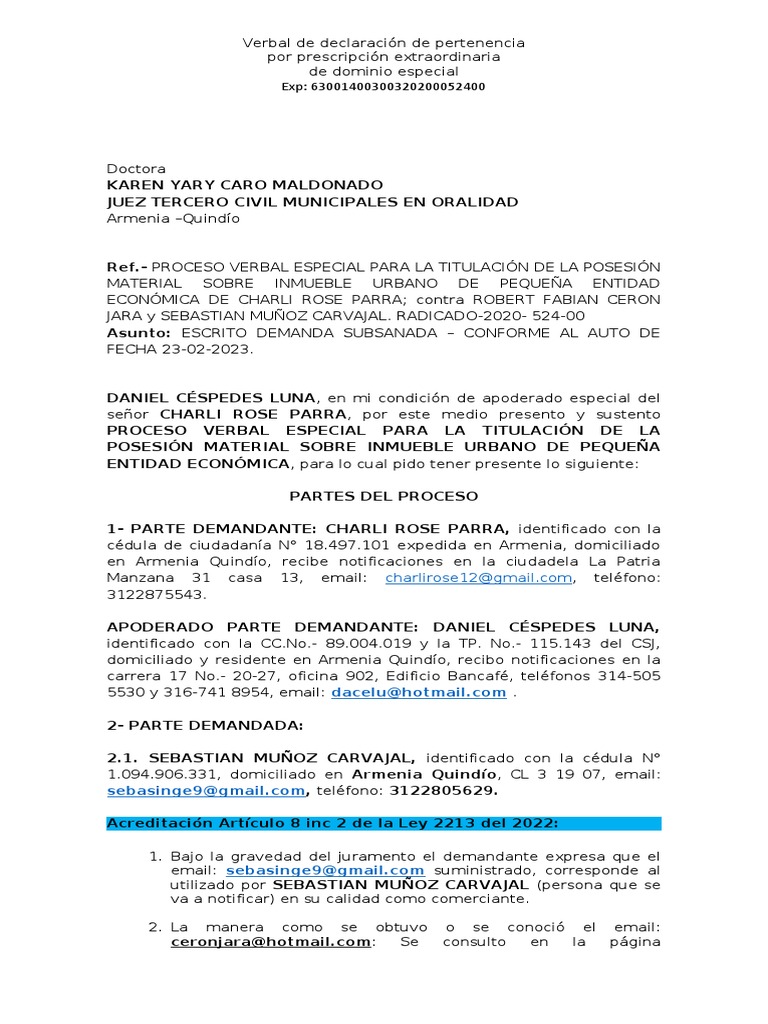 Charli Rose Parra - 2020-00524 - Subsanada | PDF | Estatuto de ...