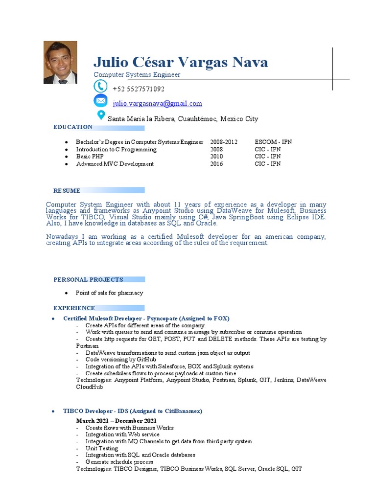 CV Julio Ce - Sar Vargas Nava Ingles | PDF | Microsoft Sql Server | Ajax (Programming)