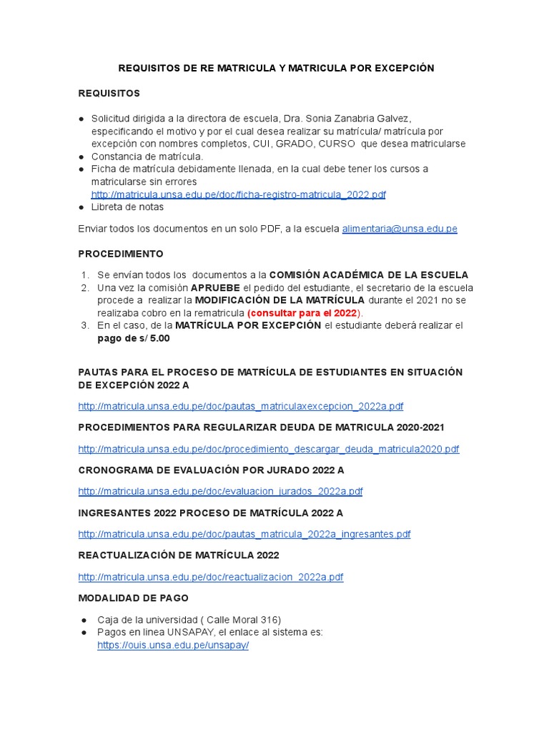 REQUISITOS REMATRICULA Y MATRICULA POR EXCEPCION Unsa | PDF