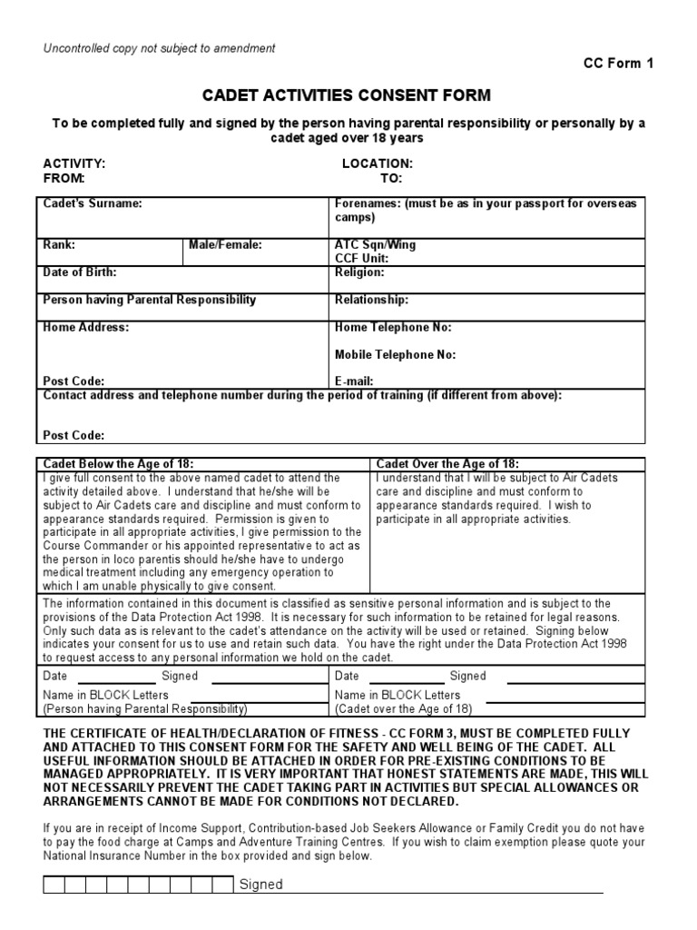 Cadet Activities Consent Form | PDF | Cadet | Social Institutions