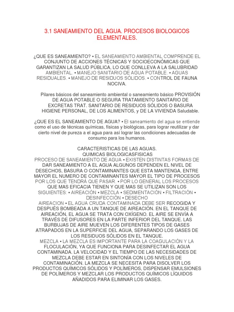 3.1 Saneamiento Del Agua. Procesos Biologicos Elementales | PDF ...