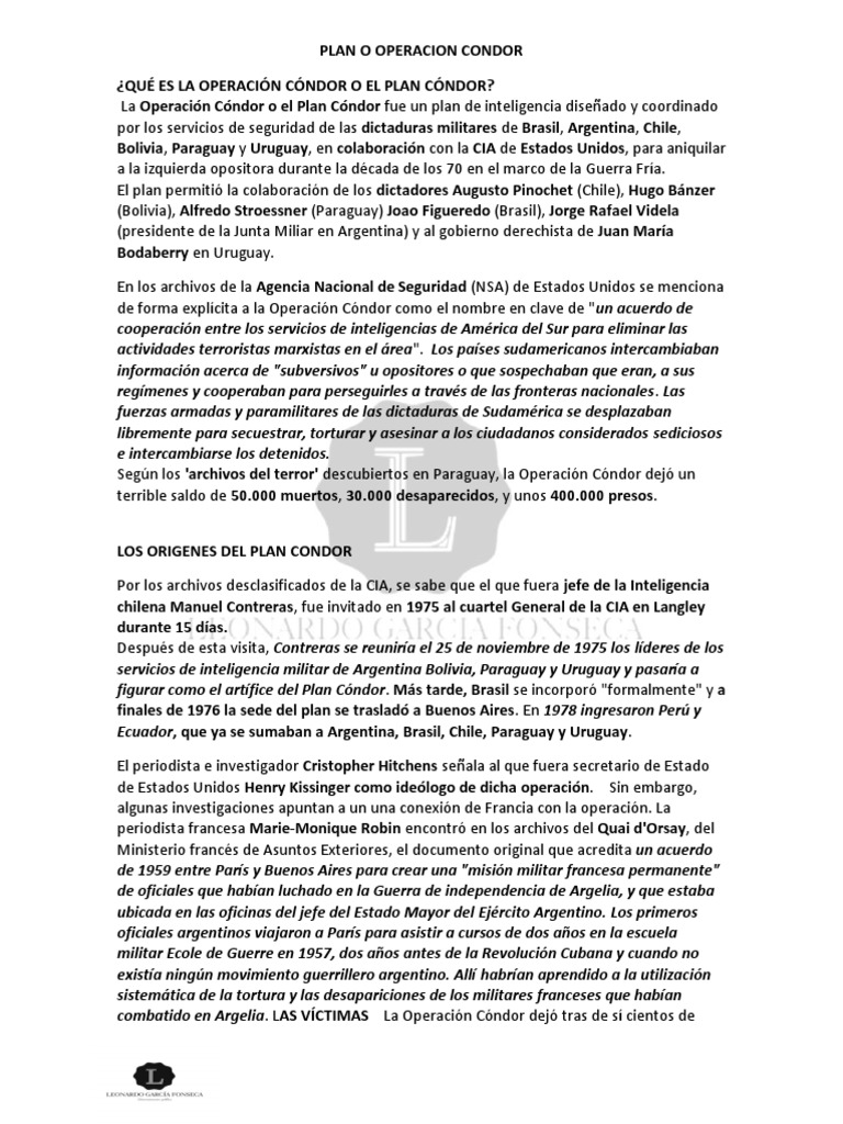 Plan o Operacion Condor | PDF | Agencia Central de Inteligencia ...