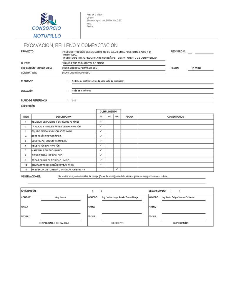 Protocolo de Relleno, Excavacion y Compactacion | PDF
