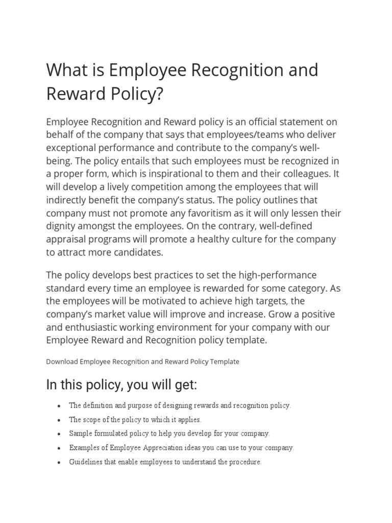What Is Employee Recognition and Reward Policy | PDF | Employment ...