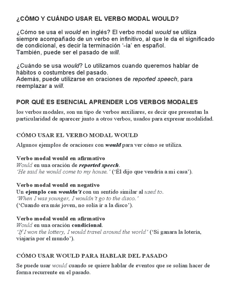 Cómo y Cuándo Usar El Verbo Modal Would (50091) | PDF | Verbo | Lingüística