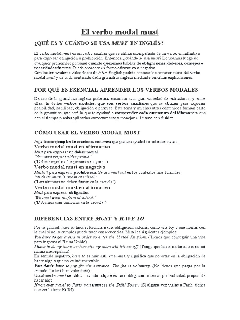 Uso del verbo modal "must" en inglés | PDF | Verbo | Gramática