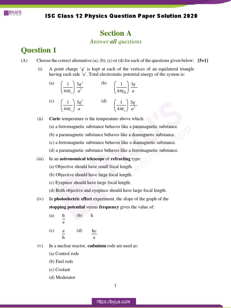 ISC Class 12 Physics 2020 Solutions | PDF | Capacitor | Capacitance