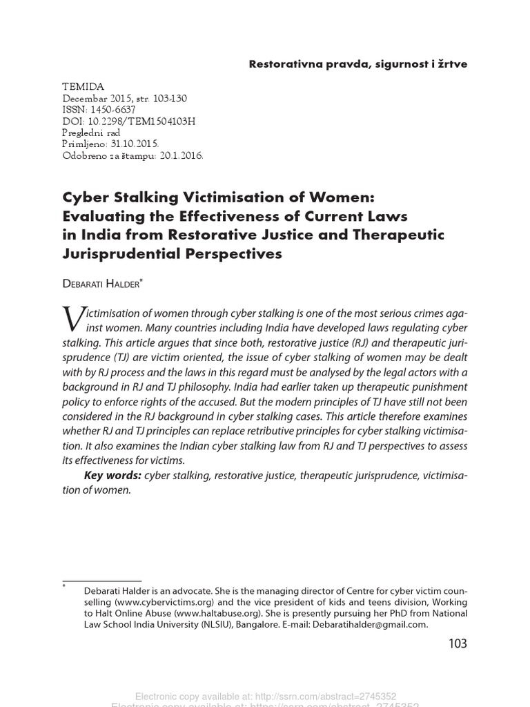 Cyber Stalking Laws in India: A Restorative and Therapeutic Analysis | PDF | Stalking | Popular ...