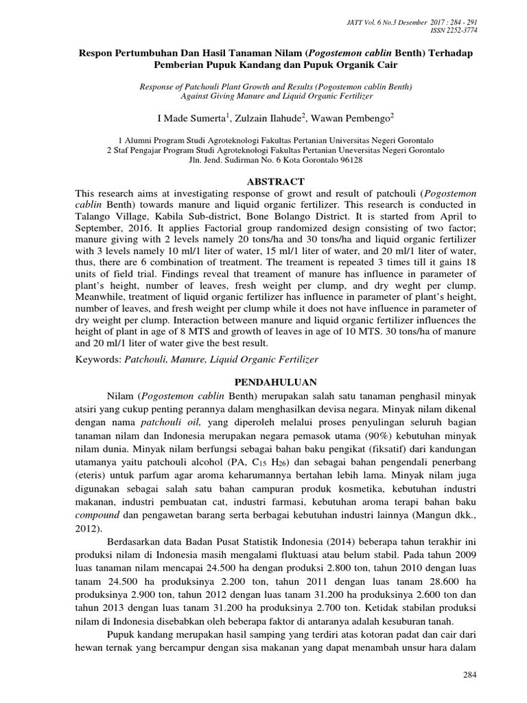 Respon Pertumbuhan Dan Hasil Tanaman Nilam Pogostemon Cablin Benth
