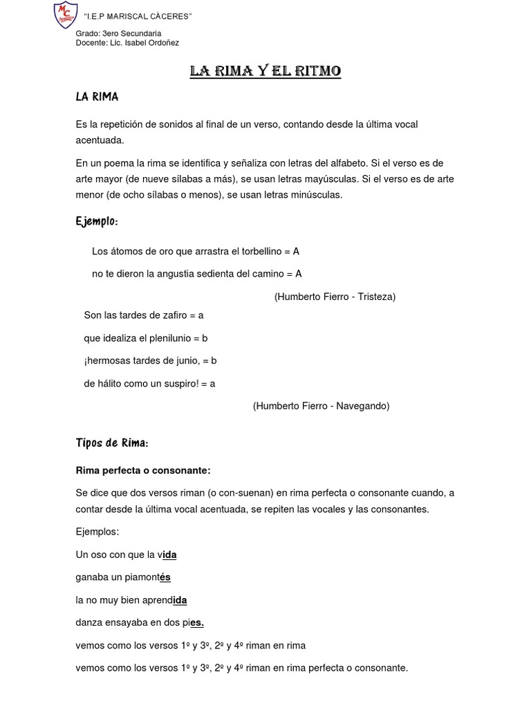 La Rima y El Ritmo 3ero Sec 25 de Marzo | PDF | Ritmo | Poesía