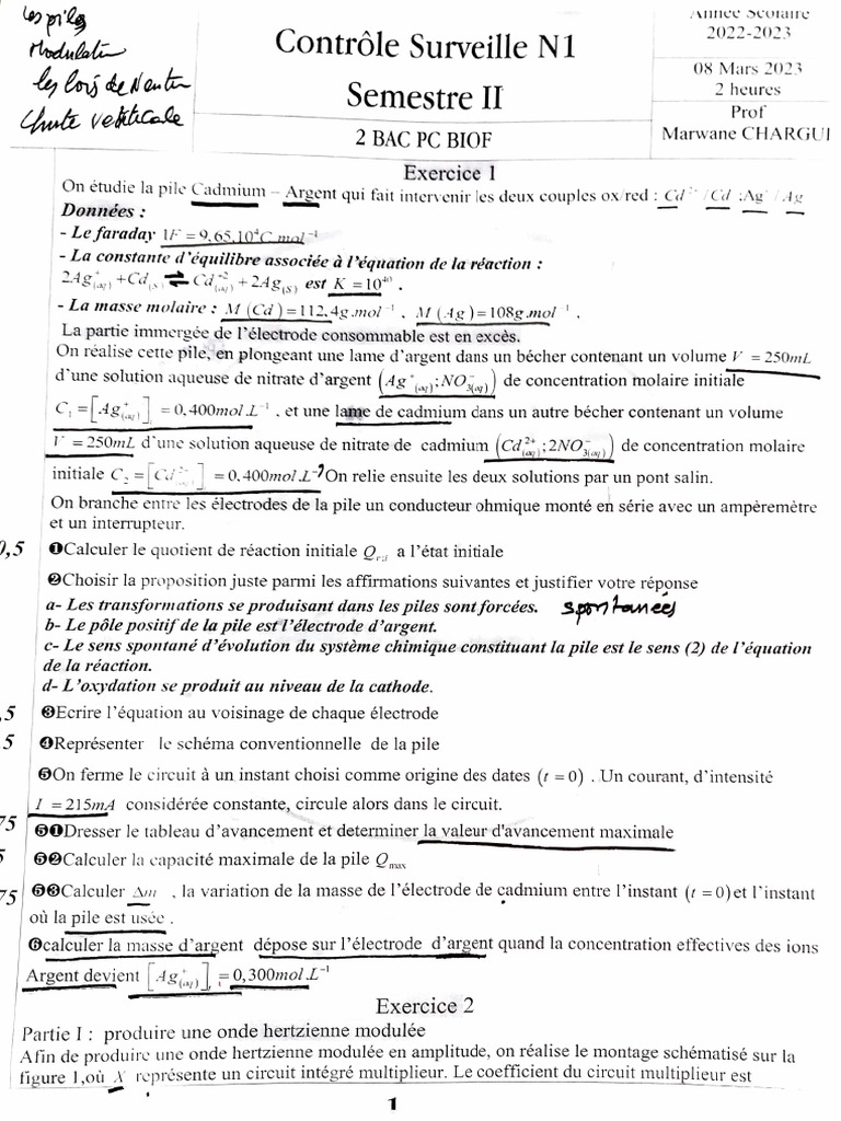 Controle N1 Semestre 2 2bac PC Omar | PDF