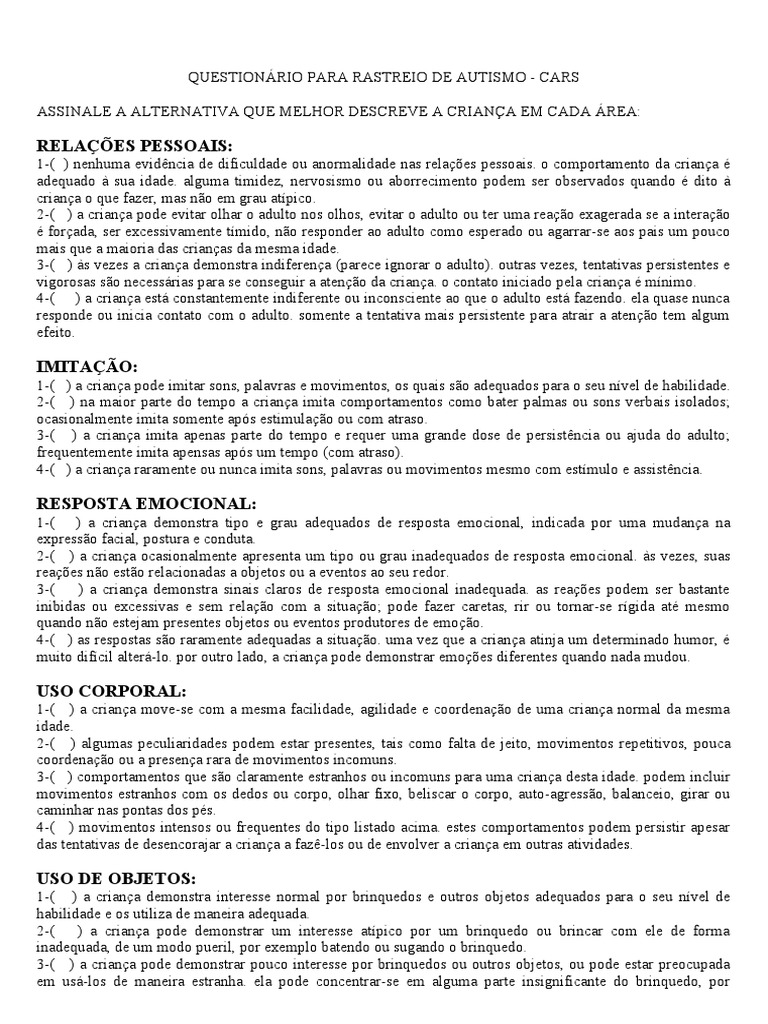 Cars Questionário Autismo | PDF | Emoções | Comunicação