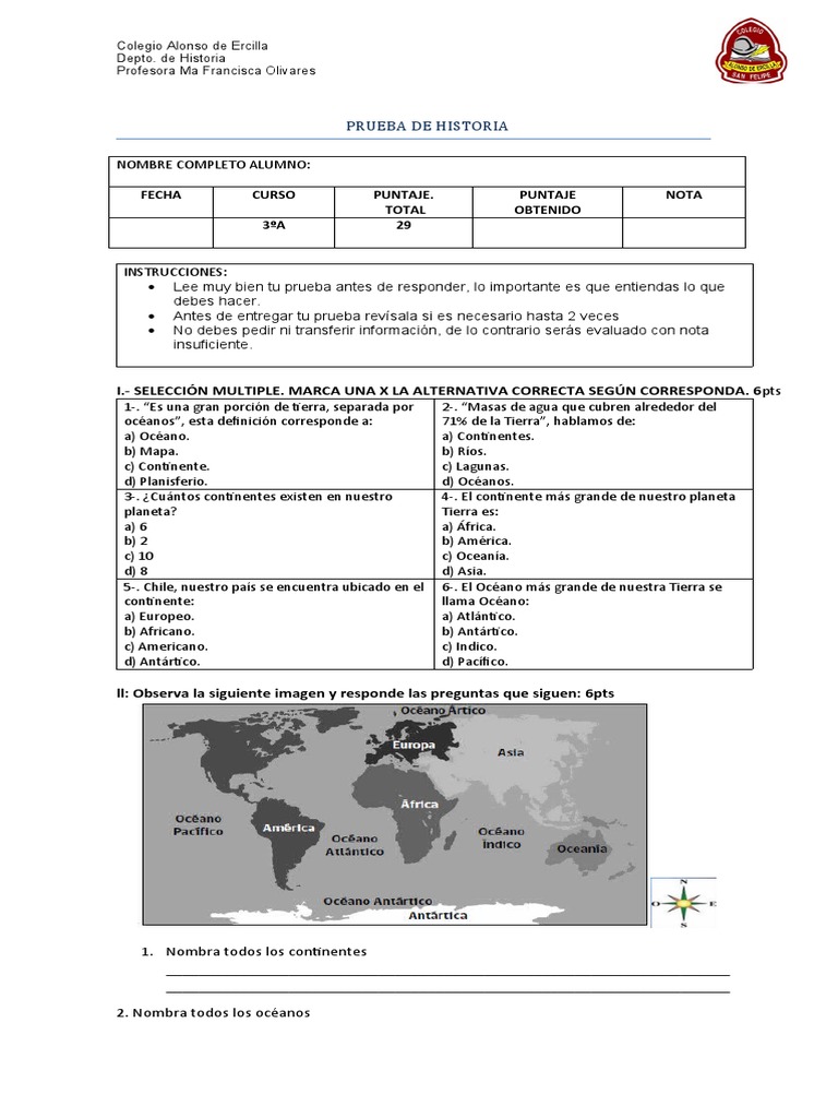 Prueba de Historia: Continentes y Océanos 3° Básico | PDF | Continente ...