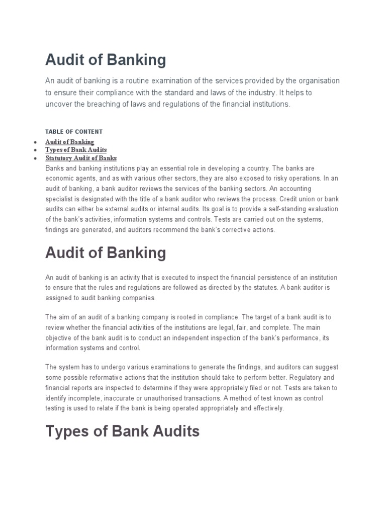 An Overview of Bank Auditing: Processes, Types and Importance of Ensuring Compliance | PDF ...