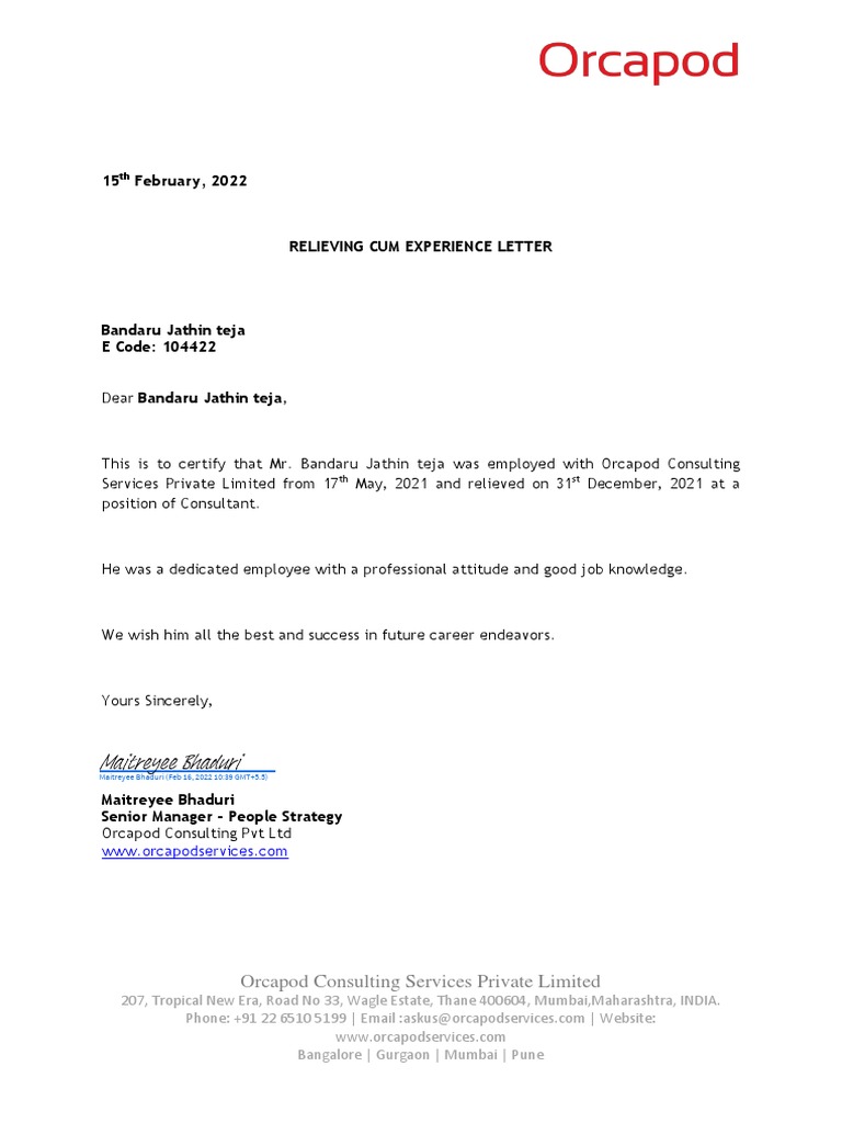 Orcapod Relieving Letter for Employee | PDF | Business