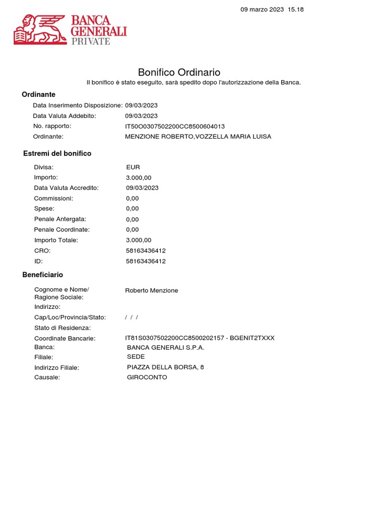 Bonifico 58163436412 | PDF