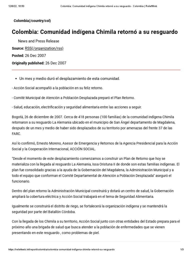 Colombia - Comunidad Indígena Chimila Retornó A Su Resguardo - Colombia ...