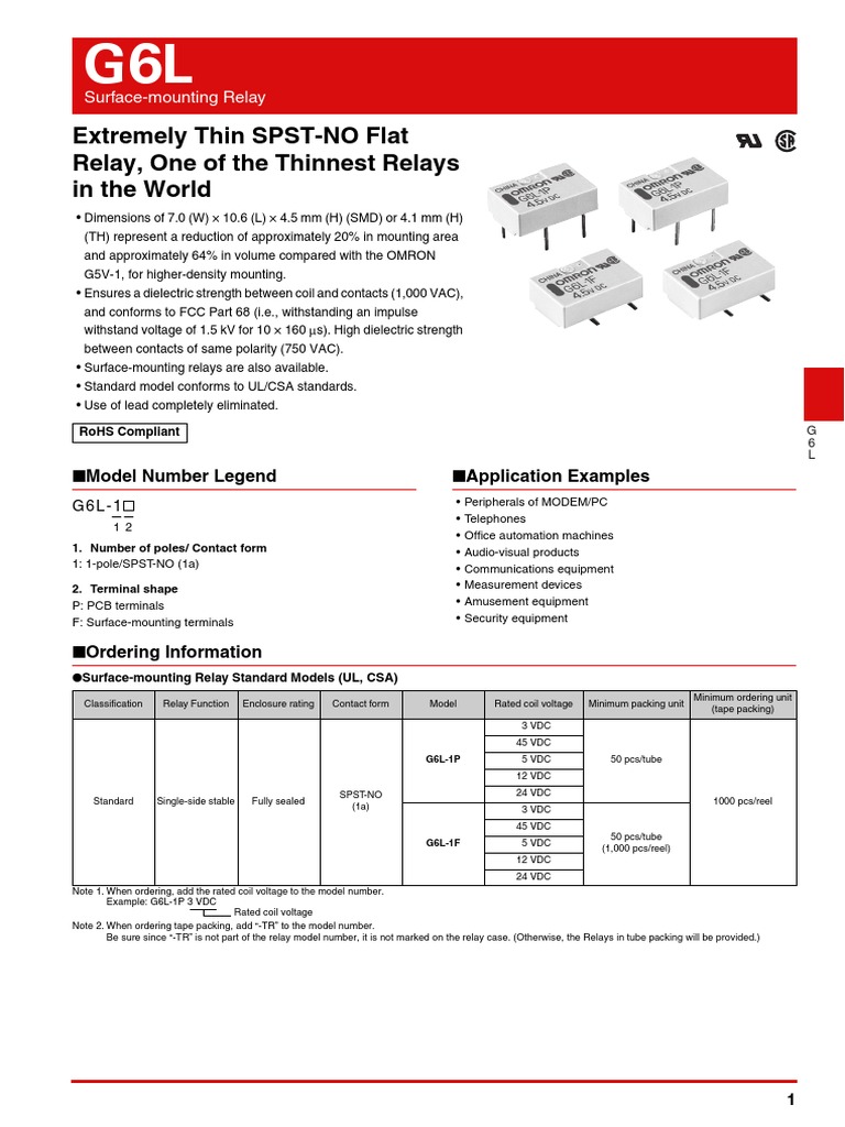 Omron G6L 1P - 5VDC Datasheet | PDF | Relay | Alternating Current