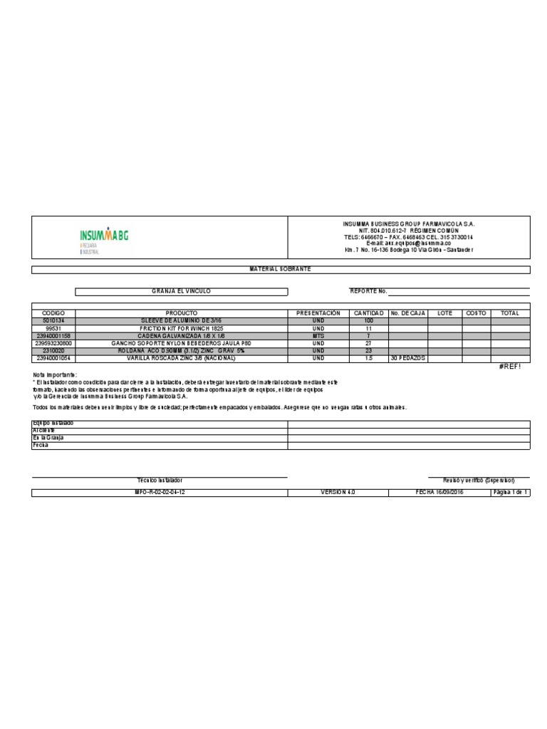 Material Sobrante Granja El Vinculo | PDF