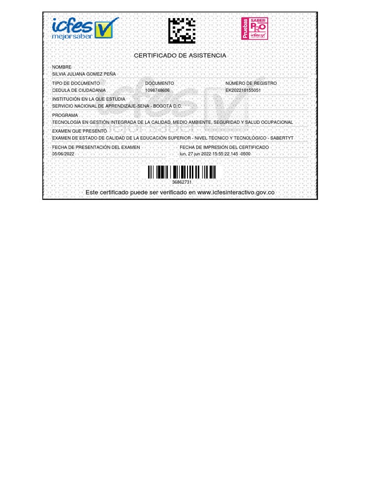 Certificado Icfes Tyt | PDF