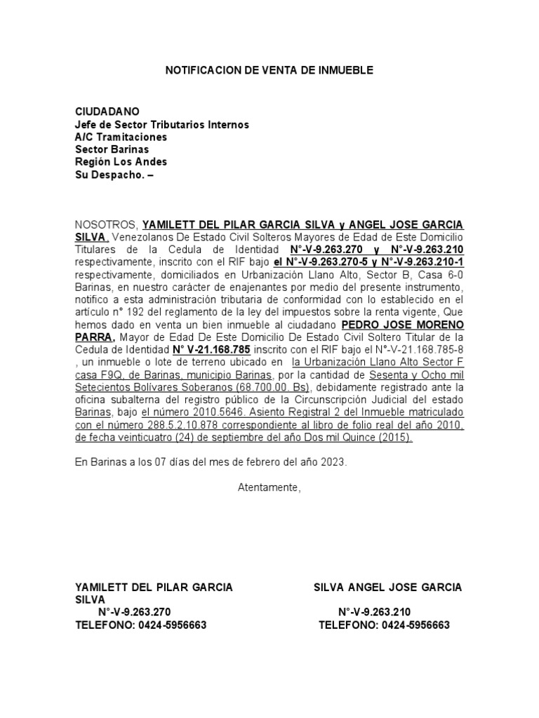 Notificacion de Venta de Inmueble | PDF