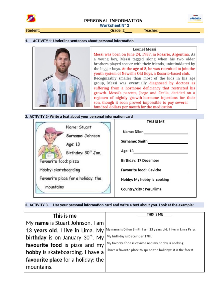 Personal Info Activities Worksheet | PDF | Lionel Messi