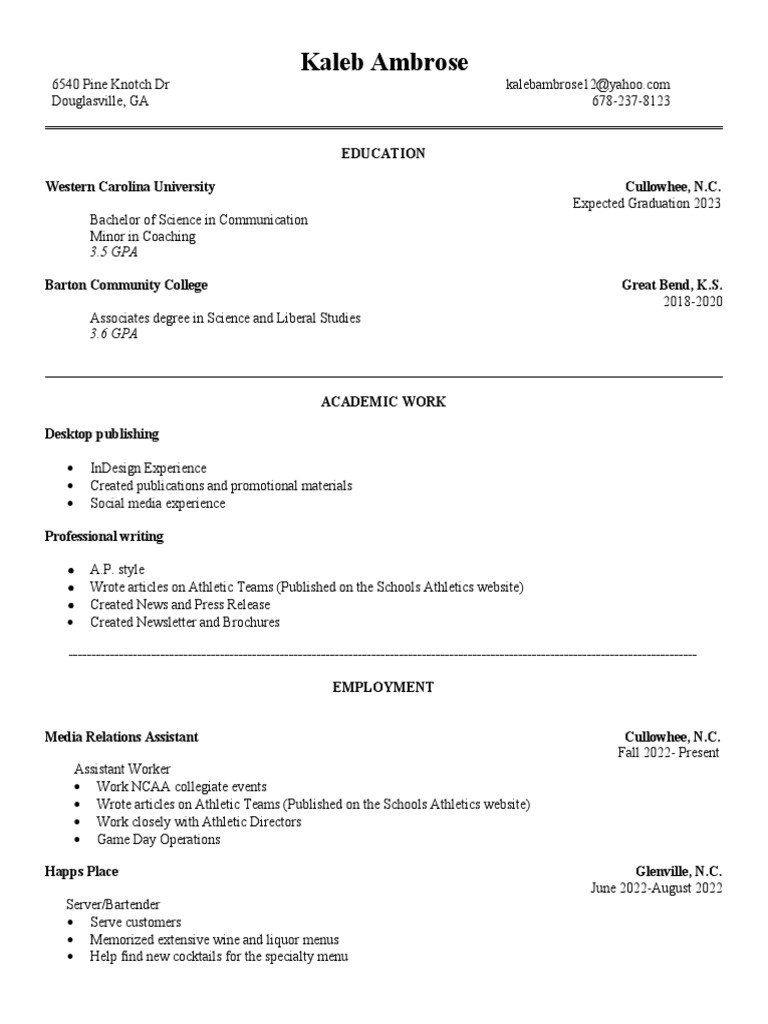 Kaleb Ambrose Resume Final | PDF | National Collegiate Athletic Association