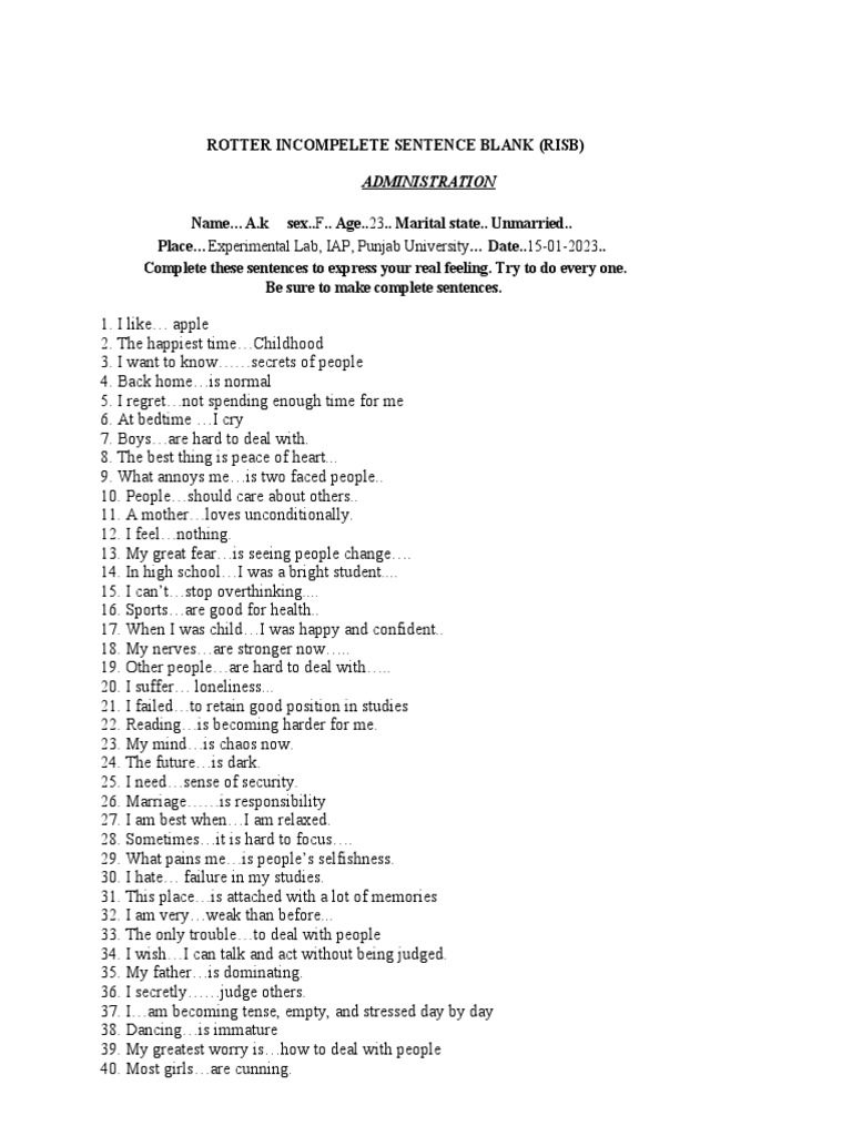 Rotter Incompelete Sentence Blank Risb | PDF | Self-Improvement | Wellness