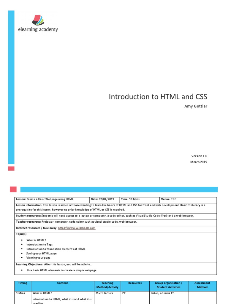 Lesson 1 - Lesson Plan | PDF | Html | Html Element