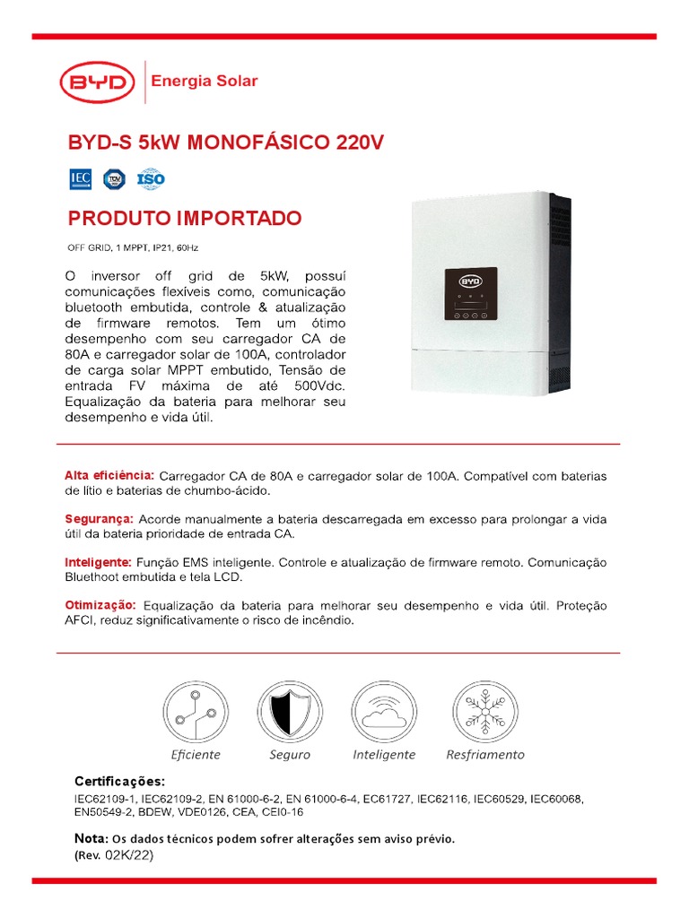 Datasheet Inversor Monofásico Off-Grid Linha PRO - ByD-S - 5kW | PDF