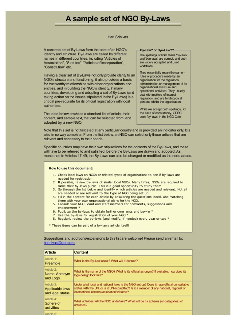 A Sample Set of NGO By-Laws: By-Law? or Bye-Law?? | PDF | By Law | Non ...