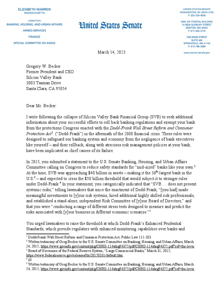 Elizabeth Warrens Letter To Silicon Valley Bank CEO | PDF | Dodd–Frank ...