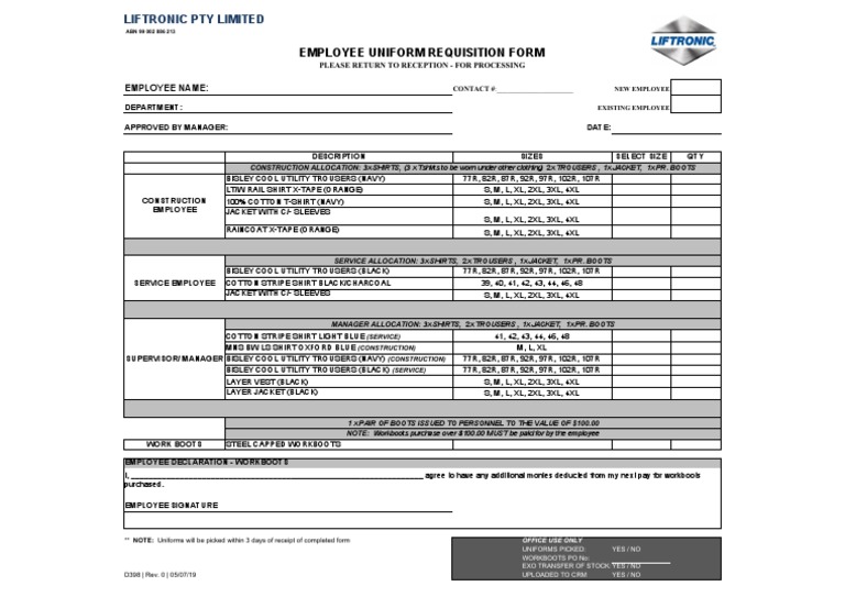 D398 - Employee Uniform Requisition Form - Rev 0 | PDF | T Shirt ...