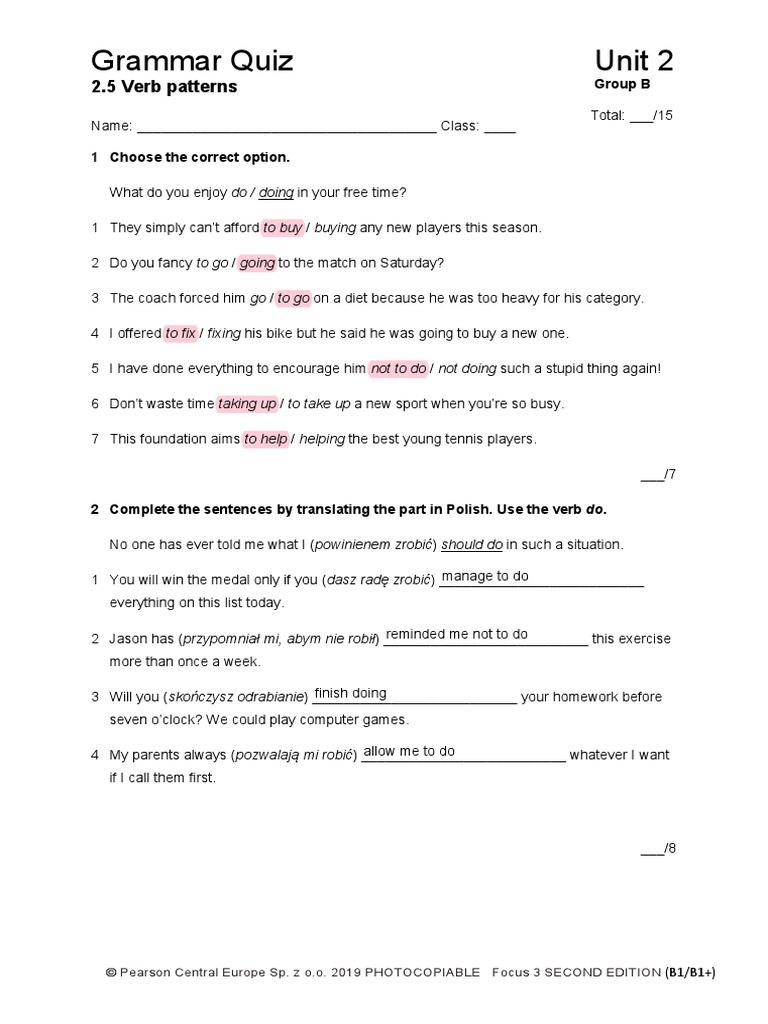 Focus3 2E Grammar Quiz Unit2.5 GroupB | PDF