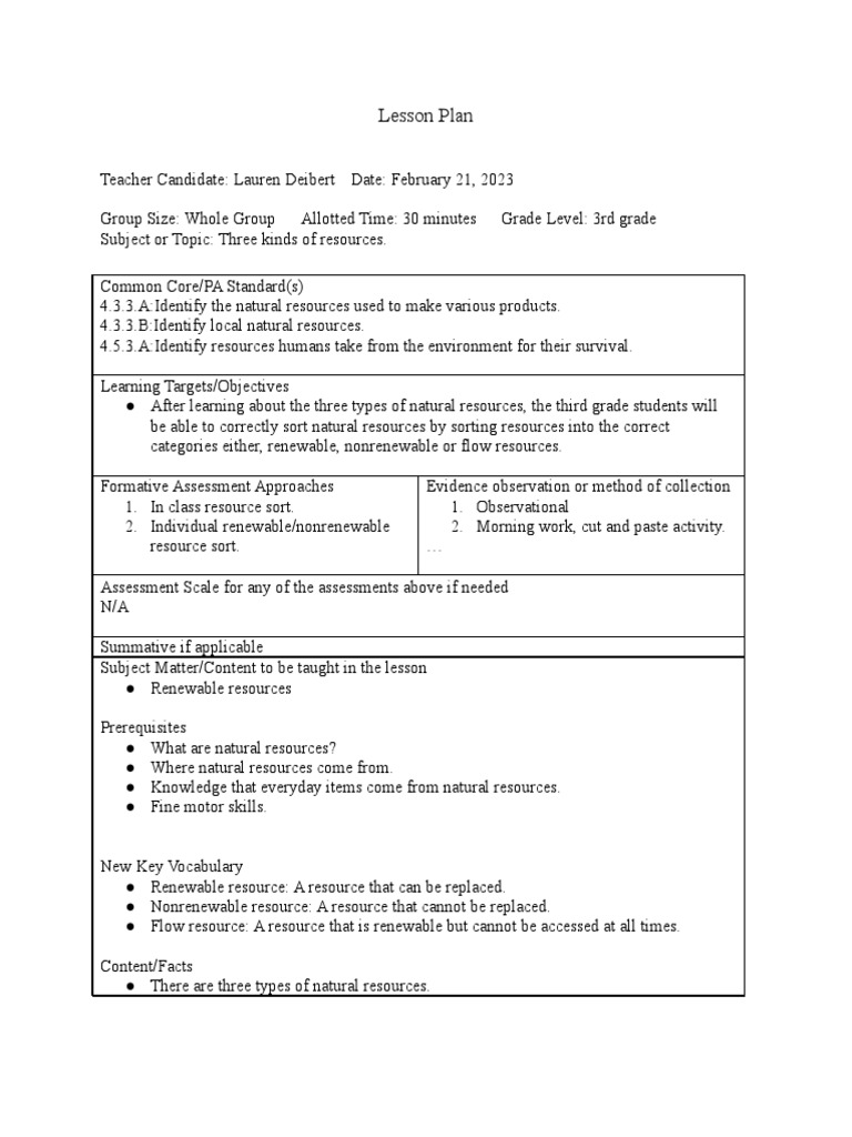 Resources Unit Lesson Plan 2 | PDF | Lesson Plan | Cognition