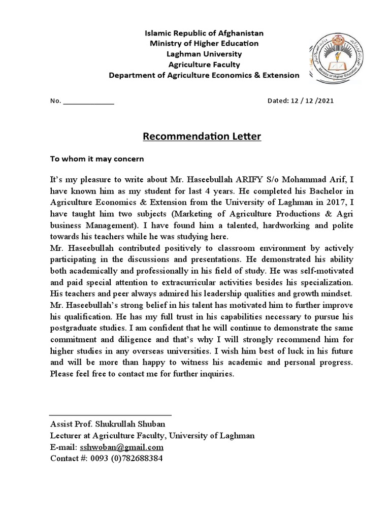 Haseebullah Recommendation Letter From Shuban | PDF