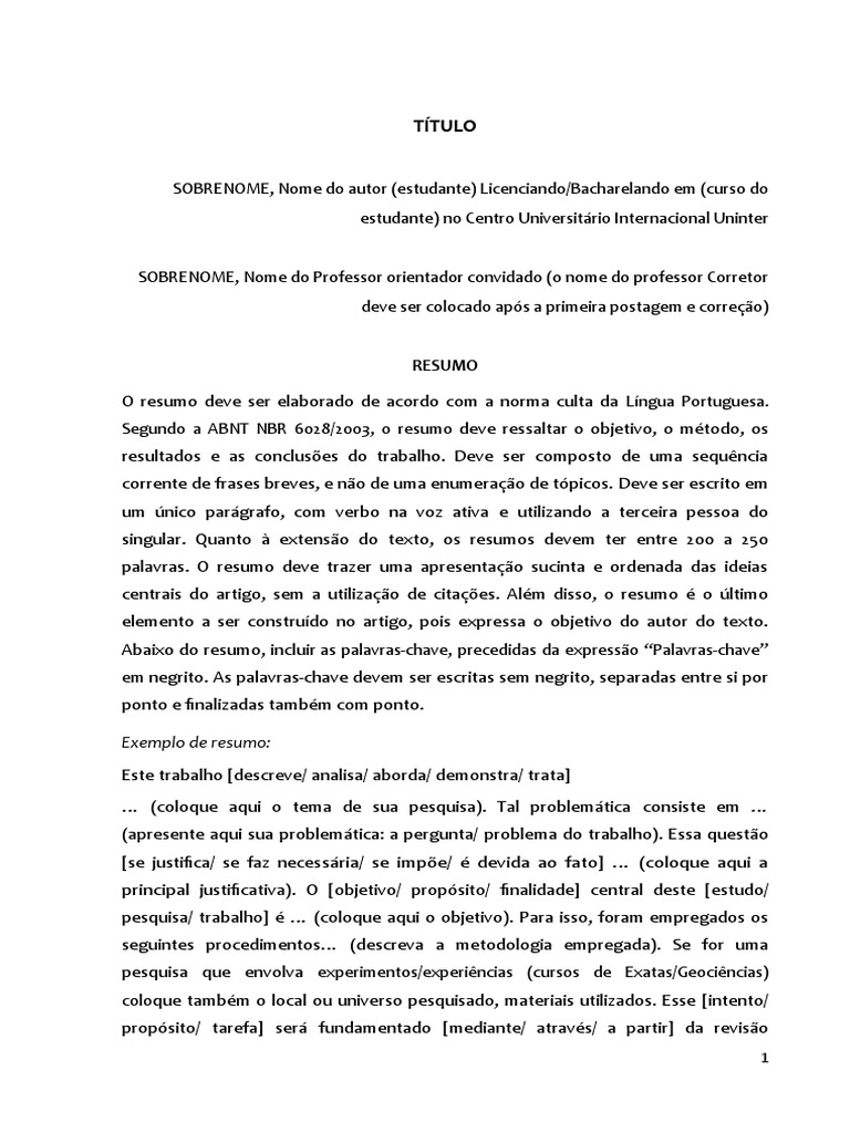 Template (Modelo) - Artigo TCC | Download grátis PDF | Abstract (resumo) | Método científico