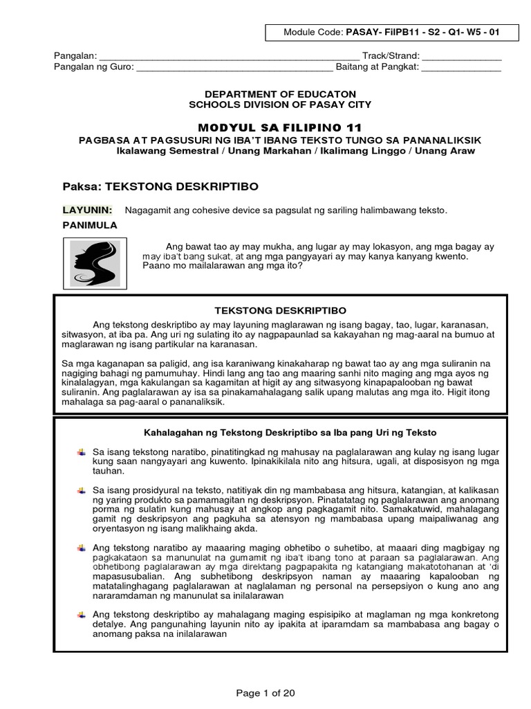 02 HUMMS 11 PASAY Filipino Pagbasa at Pagsusuri S2 Q1 W5 | PDF