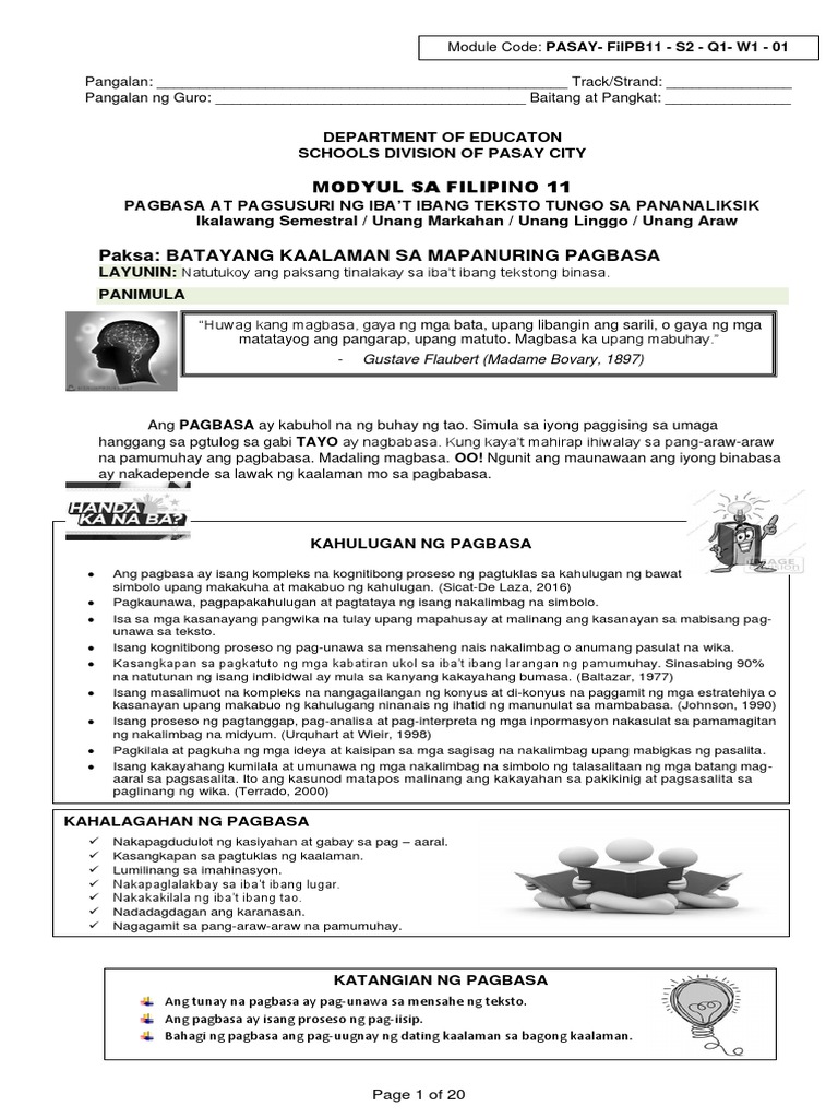02 HUMMS 11 PASAY Filipino Pagbasa at Pagsusuri S2 Q1 W1 | PDF
