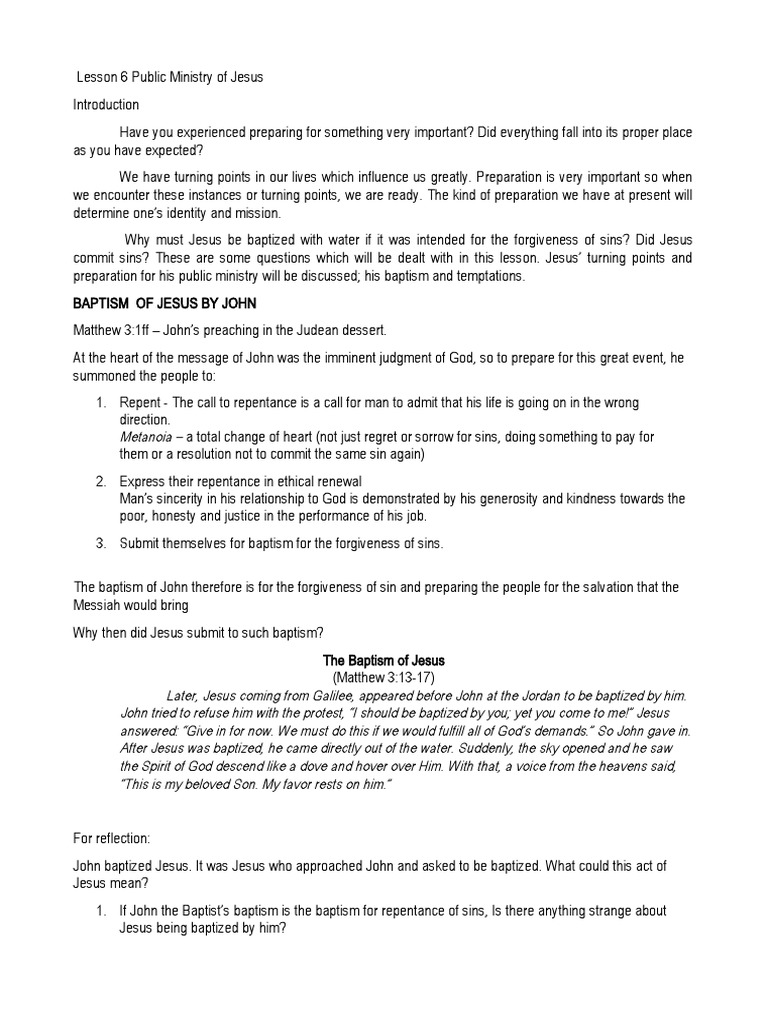 Lesson 6 Public Ministry of Jesus | PDF | Jesus | Baptism