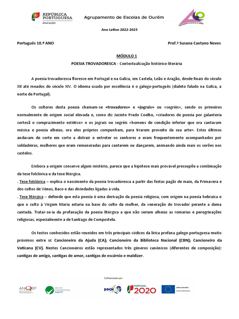 Módulo 1 - Ficha Inf - Lírica Trovadoresca | PDF | Amor