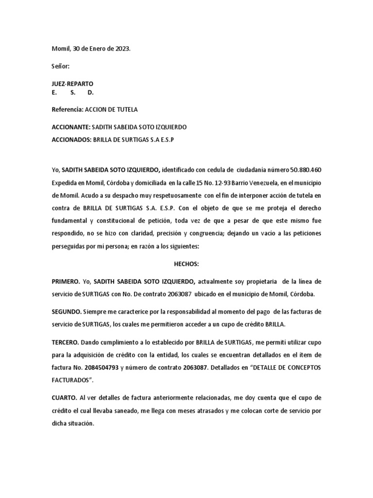 Accion de Tutela Sadith Con Anexos | PDF | Pagos | Crédito