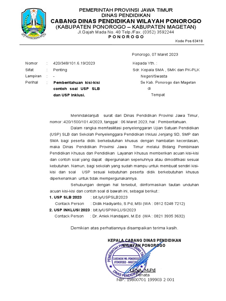 Kisi-Kisi dan Soal USP SLB 2023 | PDF