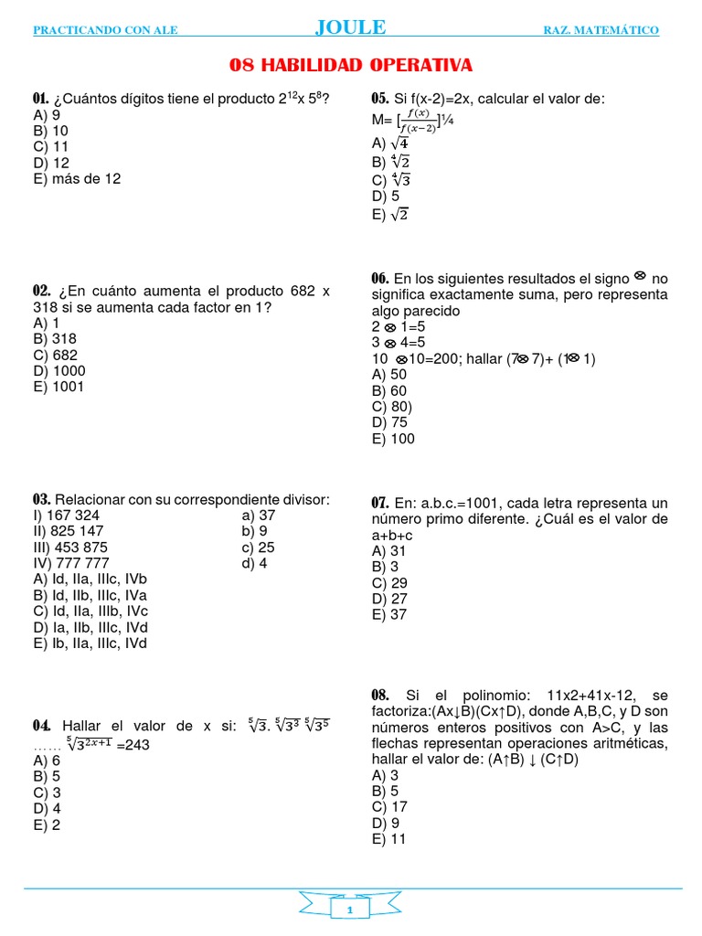 08 Habilidad Operativa (Práctica) | PDF | Análisis complejo | Álgebra