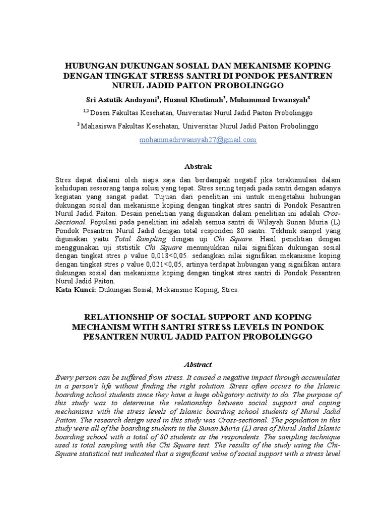 Hubungan Dukungan Sosial Dan Mekanisme Koping Dengan Tingkat Stres Santri Di Pondok Pesantren ...