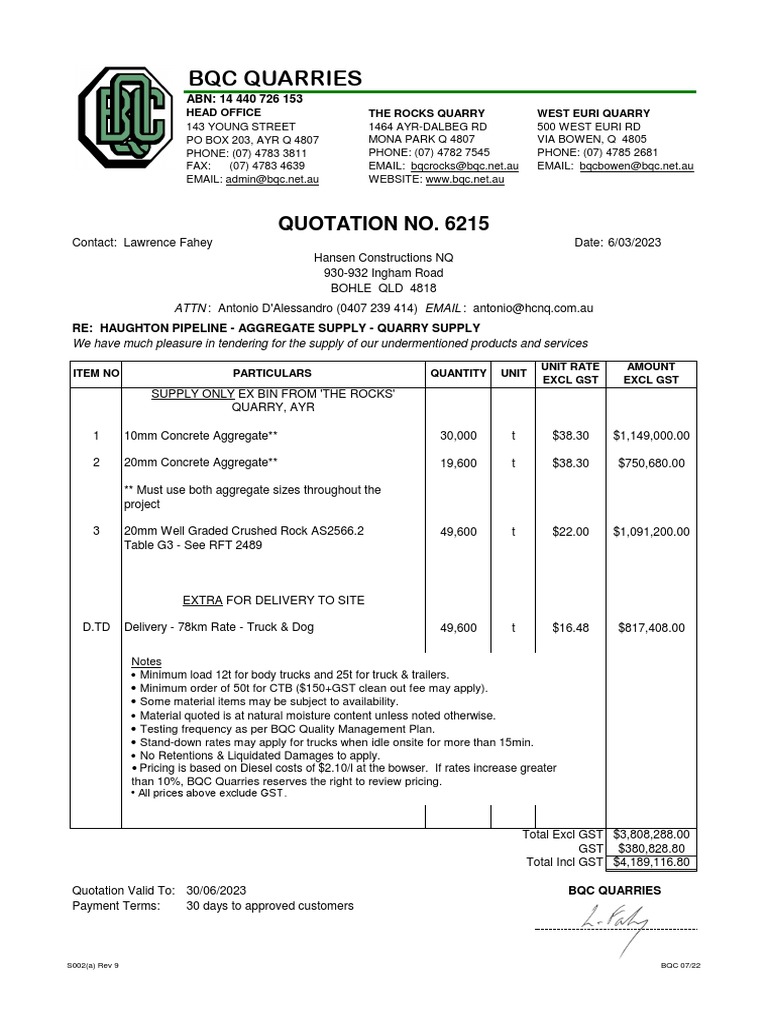 BQC Quarries quotation for aggregate supply to Hansen Constructions NQ ...