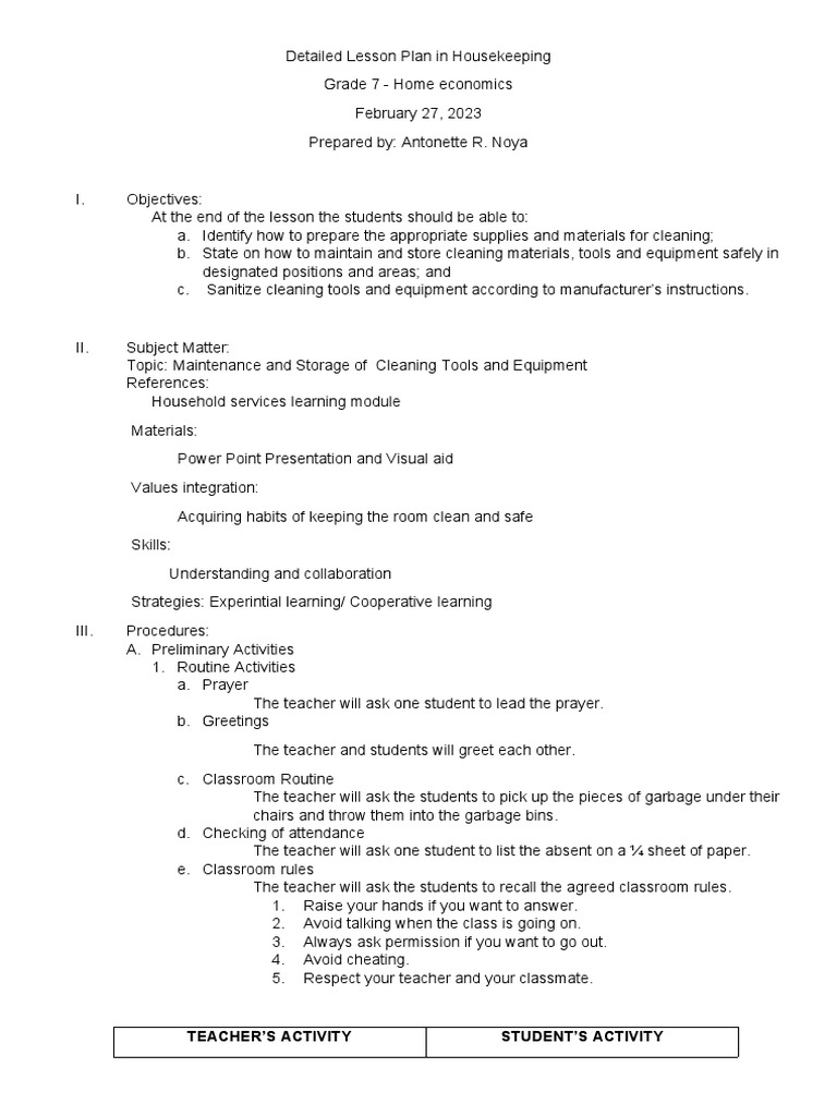 Housekeeping Lesson Plan for Grade 7 | PDF | Laundry | Detergent